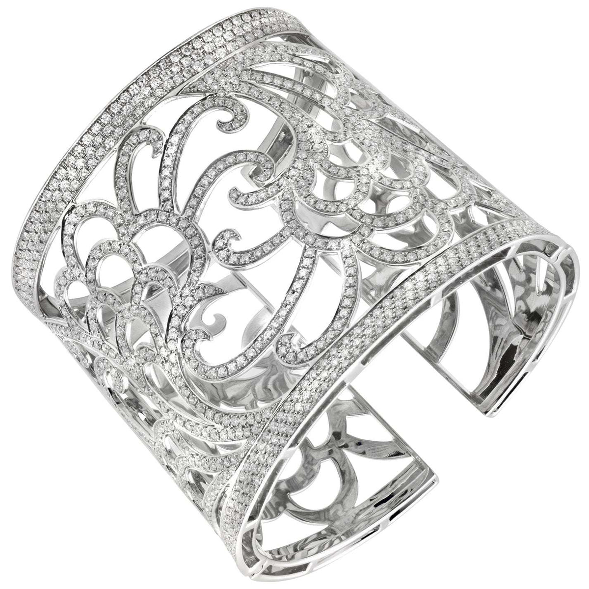Italian 18K White Gold Wide Open Work Cuff Bangle with 6 Carat Round ...